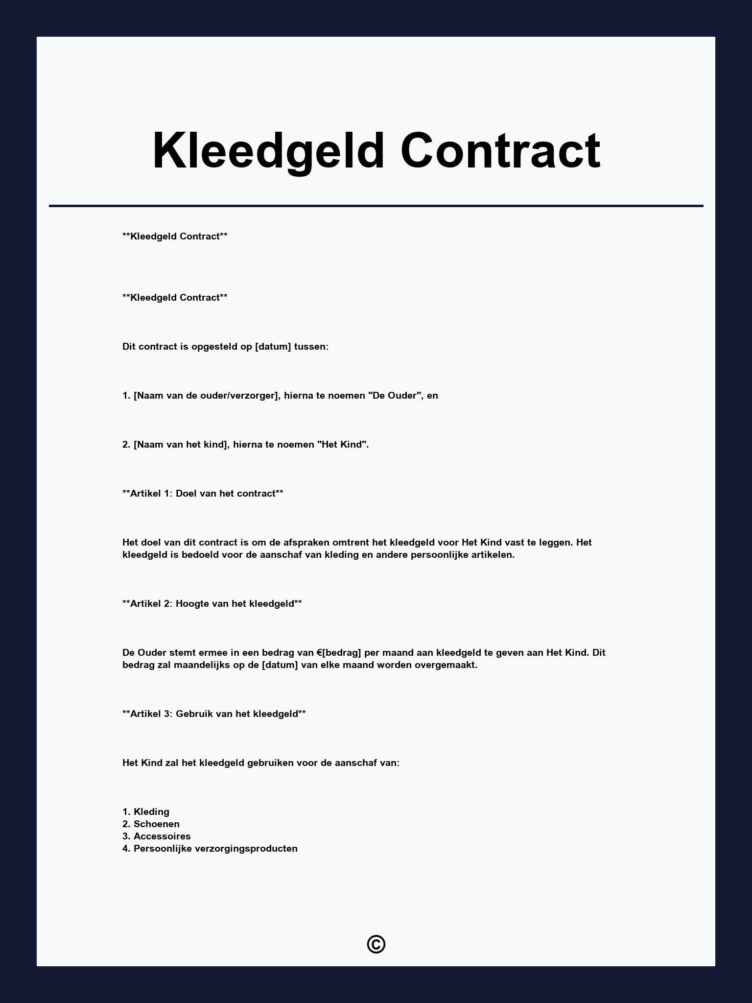 Kleedgeld Contract - Voorbeeld